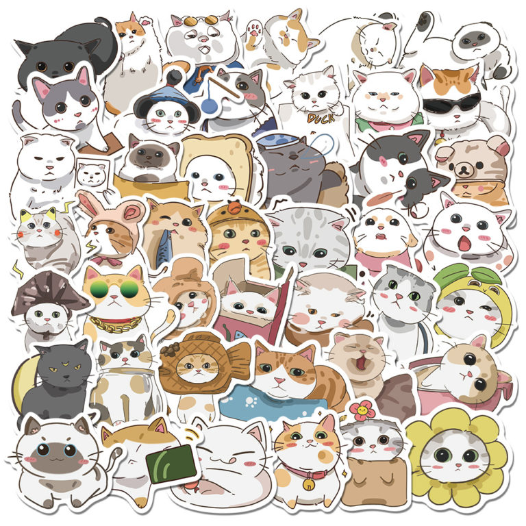 60PCS Cute Cat Stickers Anime Cat Laptop Decal Waterproof Vinyl ...
